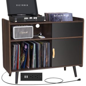 gdlf large record player stand, vinyl record storage cabinet with power outlet, record player table holds up to 350 albums, turntable stand with wood legs for living room,bedroom,office