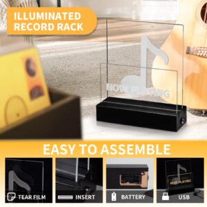 OOOMART.COM Now Playing Vinyl Record Stand, Vinyl Record Display Stand, Brown and Black Vinyl Record Player Stand with Built-In LED Light, Battery Power Supply is More Convenient