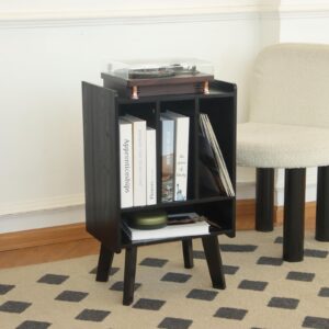 awasen record player stand with vinyl storage, turntable stand with record storage, vinyl record table holds up to 100 albums, 3 tier end table for living room bedroom office small spaces (black)