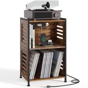 y&m record player stand, vinyl turntable stand with charging station and usb port, record display table with storage cabinet, turntable holder, end table, nightstand for bedroom, living room, brown