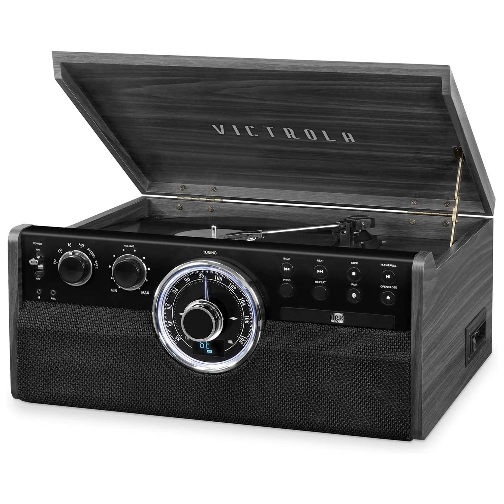 Victrola Mid Century 6-in-1 Bluetooth Record Player & Multimedia Center with Built-in Speakers - 3-Speed Turntable, CD & Cassette Player, AM/FM Radio | Wireless Music Streaming | Grey