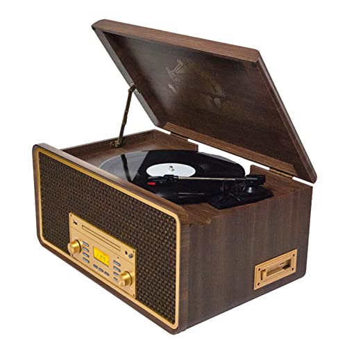 VICTOR Monument 8-in-1 Turntable Music Center with 3-Speed Record Player, CD/MP3/Cassette Player, AM/FM Radio, Dual Bluetooth in & Out, USB Playback & Record, and Built-in Stereo Speakers, Espresso