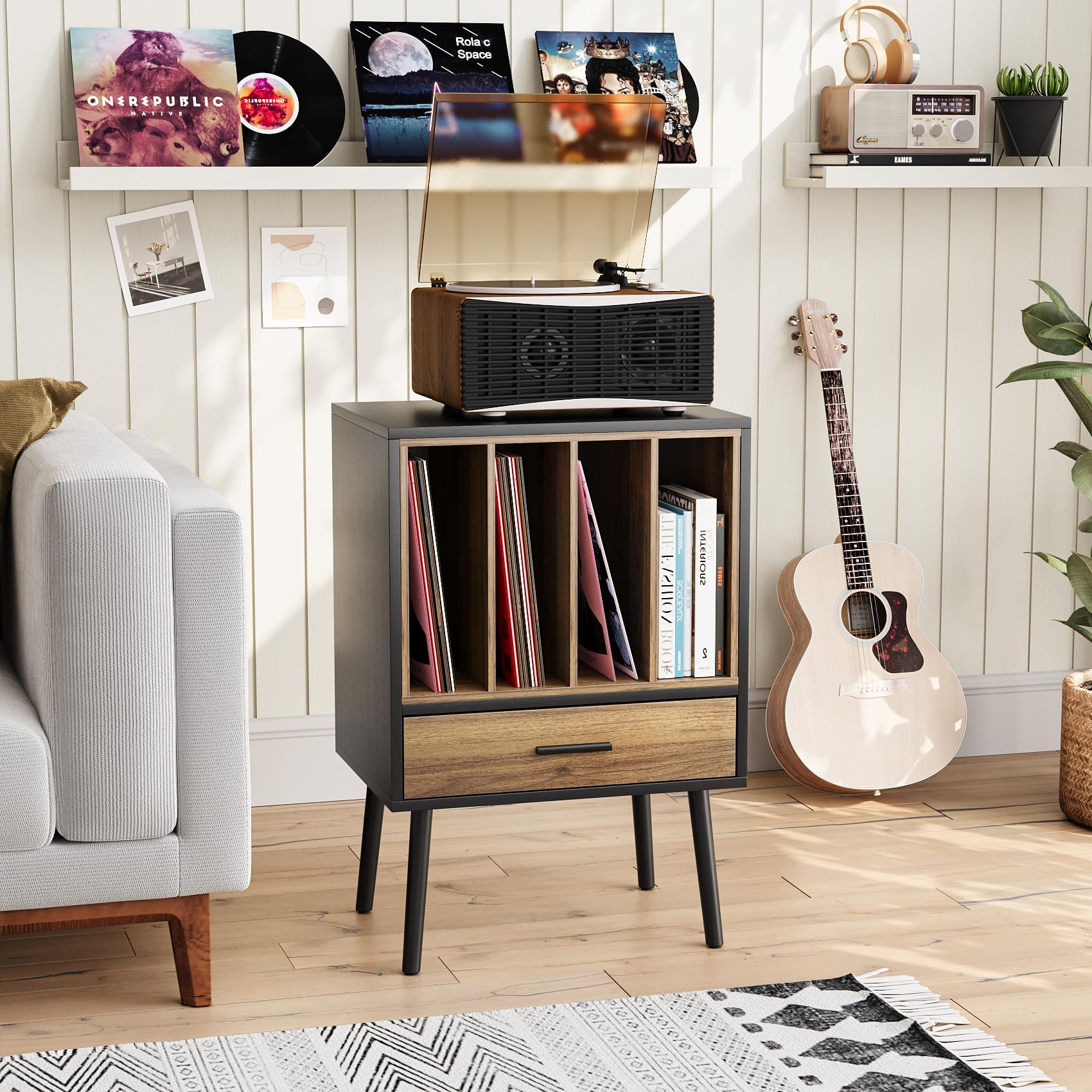 Semiocthome Record Player Stand with Nesting Vinyl Storage Crate, Record Player Table with a Drawer and Solid Wood Legs, Side End Table for Turntables for Living Room Bedroom