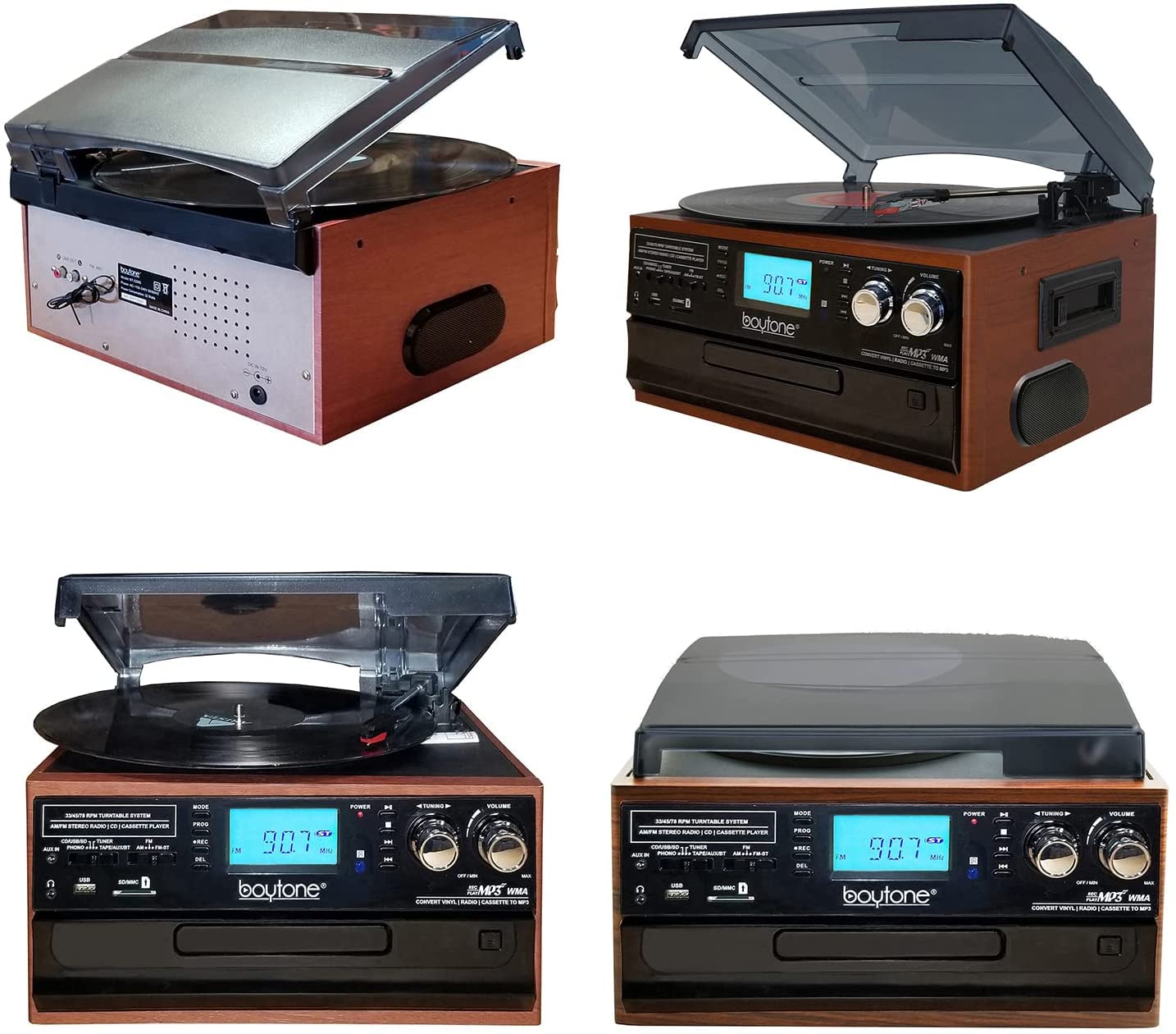 Boytone BT-22MS, Bluetooth Record Player Turntable, AM/FM Radio, Cassette, CD Player, 2 Built in Speaker, Ability to Convert Vinyl, Radio, Cassette, CD to MP3 Without a Computer, SD Slot, USB, AUX