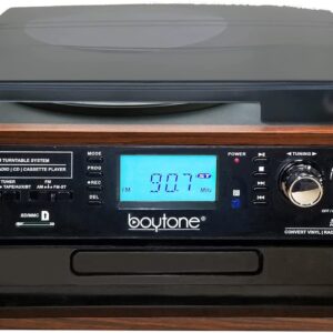 Boytone BT-22MS, Bluetooth Record Player Turntable, AM/FM Radio, Cassette, CD Player, 2 Built in Speaker, Ability to Convert Vinyl, Radio, Cassette, CD to MP3 Without a Computer, SD Slot, USB, AUX