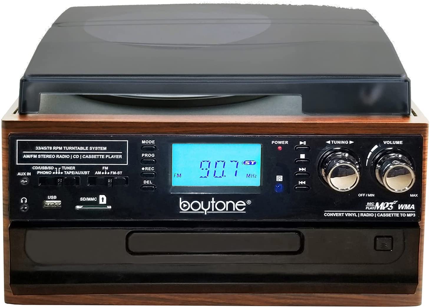 Boytone BT-22MS, Bluetooth Record Player Turntable, AM/FM Radio, Cassette, CD Player, 2 Built in Speaker, Ability to Convert Vinyl, Radio, Cassette, CD to MP3 Without a Computer, SD Slot, USB, AUX