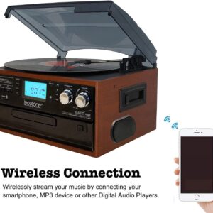 Boytone BT-22MS, Bluetooth Record Player Turntable, AM/FM Radio, Cassette, CD Player, 2 Built in Speaker, Ability to Convert Vinyl, Radio, Cassette, CD to MP3 Without a Computer, SD Slot, USB, AUX