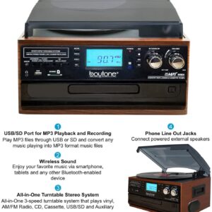 Boytone BT-22MS, Bluetooth Record Player Turntable, AM/FM Radio, Cassette, CD Player, 2 Built in Speaker, Ability to Convert Vinyl, Radio, Cassette, CD to MP3 Without a Computer, SD Slot, USB, AUX