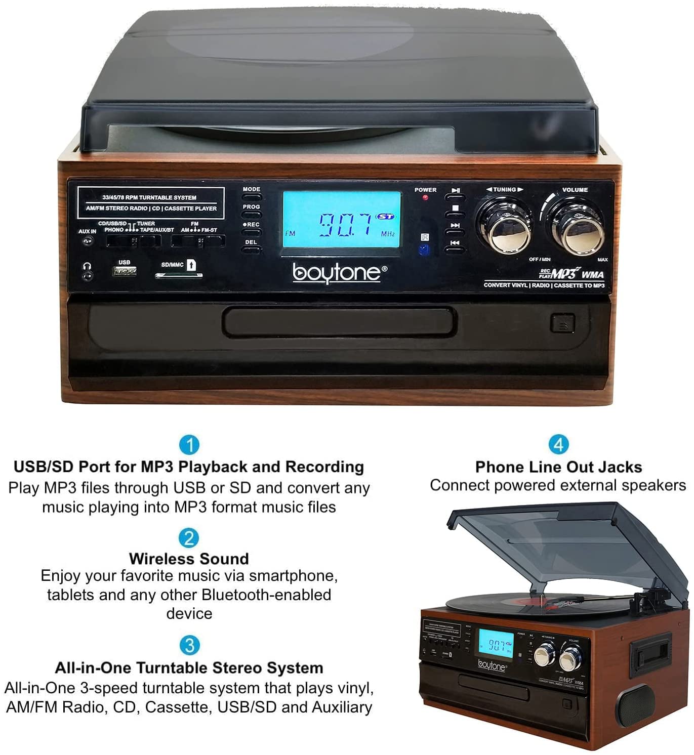 Boytone BT-22MS, Bluetooth Record Player Turntable, AM/FM Radio, Cassette, CD Player, 2 Built in Speaker, Ability to Convert Vinyl, Radio, Cassette, CD to MP3 Without a Computer, SD Slot, USB, AUX