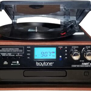 Boytone BT-22MS, Bluetooth Record Player Turntable, AM/FM Radio, Cassette, CD Player, 2 Built in Speaker, Ability to Convert Vinyl, Radio, Cassette, CD to MP3 Without a Computer, SD Slot, USB, AUX