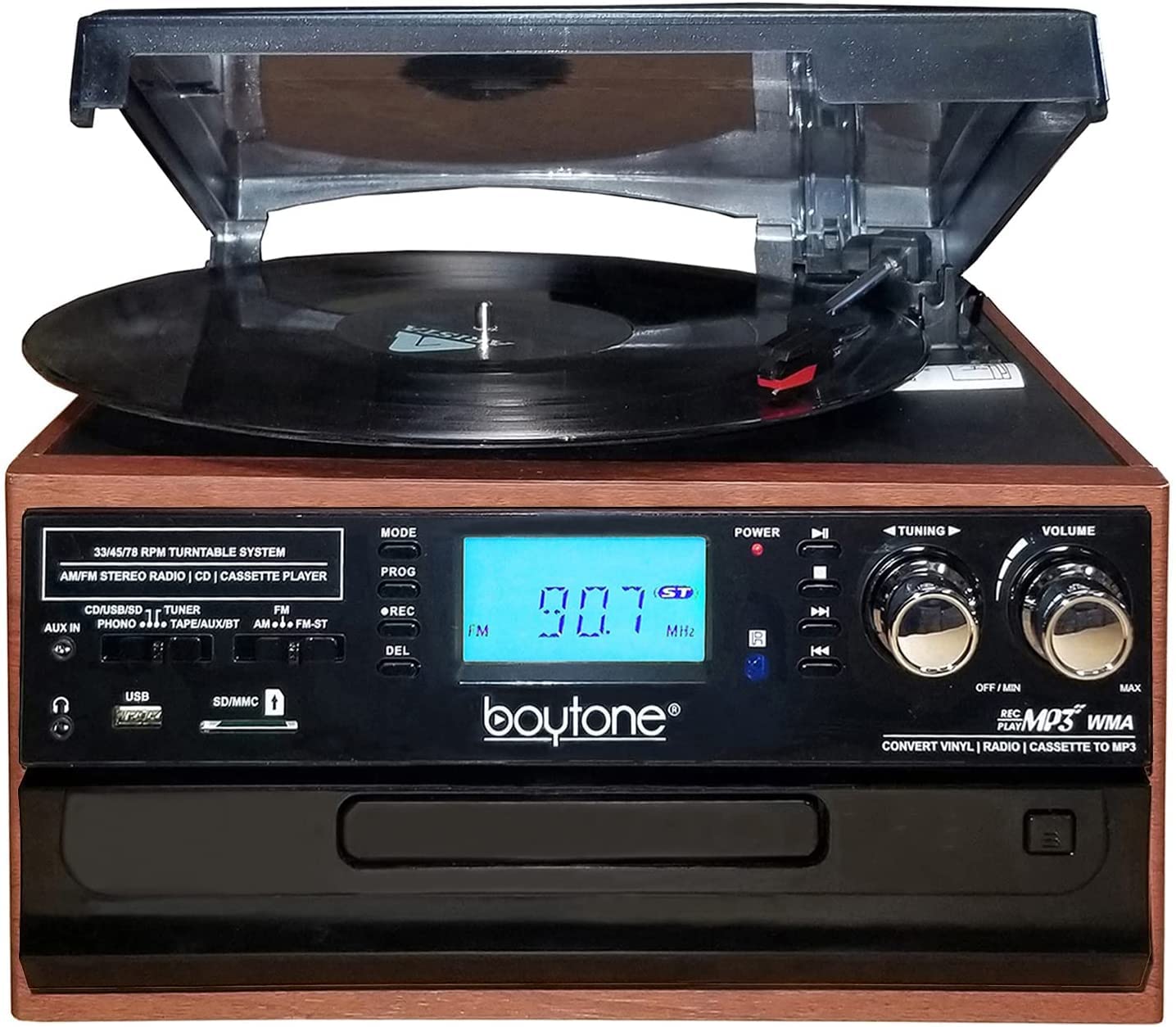 Boytone BT-22MS, Bluetooth Record Player Turntable, AM/FM Radio, Cassette, CD Player, 2 Built in Speaker, Ability to Convert Vinyl, Radio, Cassette, CD to MP3 Without a Computer, SD Slot, USB, AUX