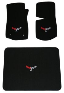 1968-82 c3 corvette classic loop black front floor & rear deck mat combo set with crossed flags logo