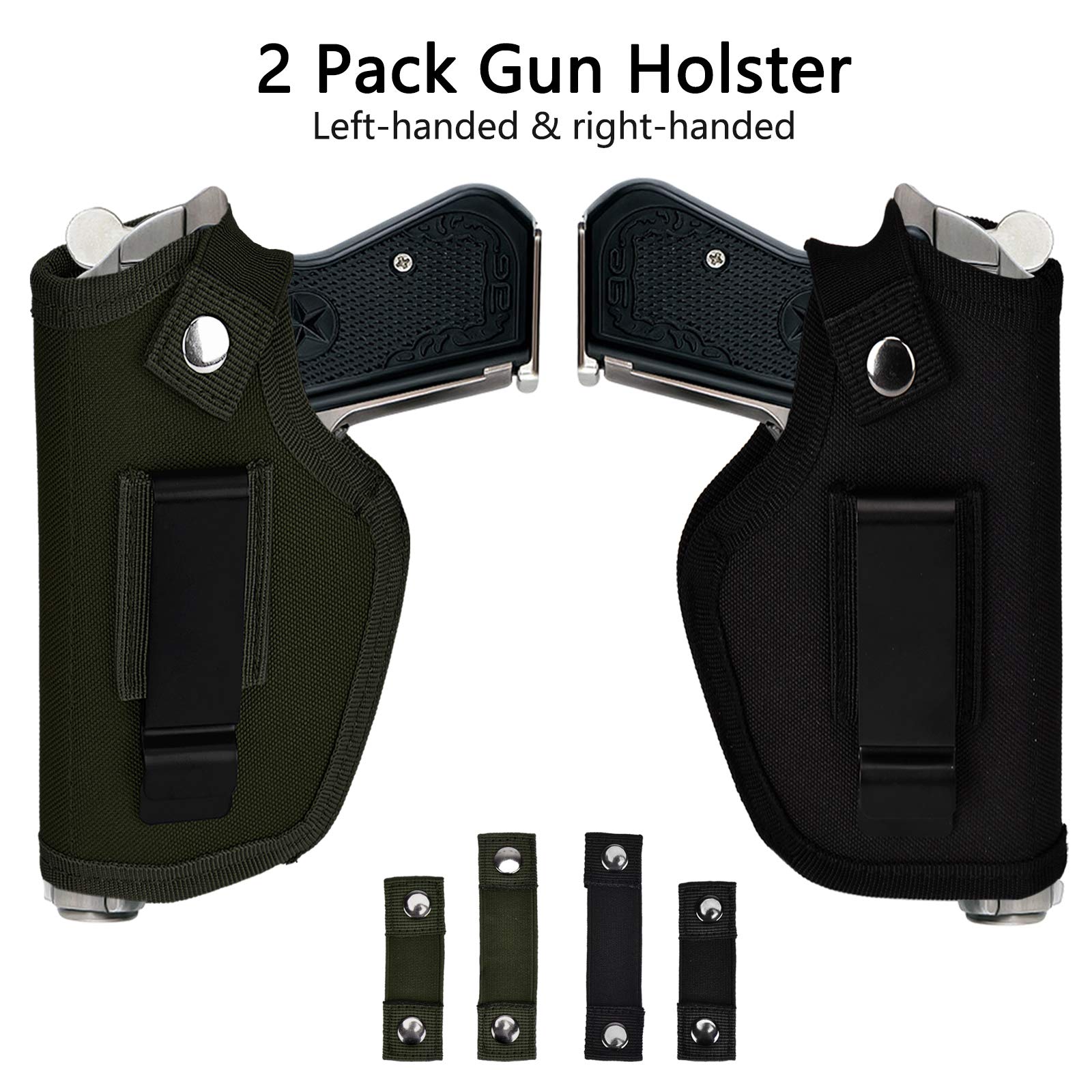 2 Pack Gun Holsters for Concealed Carry, Universal Inside Outside Waistband Holster for Pistols, IWB Belt Holster for Right & Left Hand, Fits Subcompact Compact Full Size Pistols, Black & Green