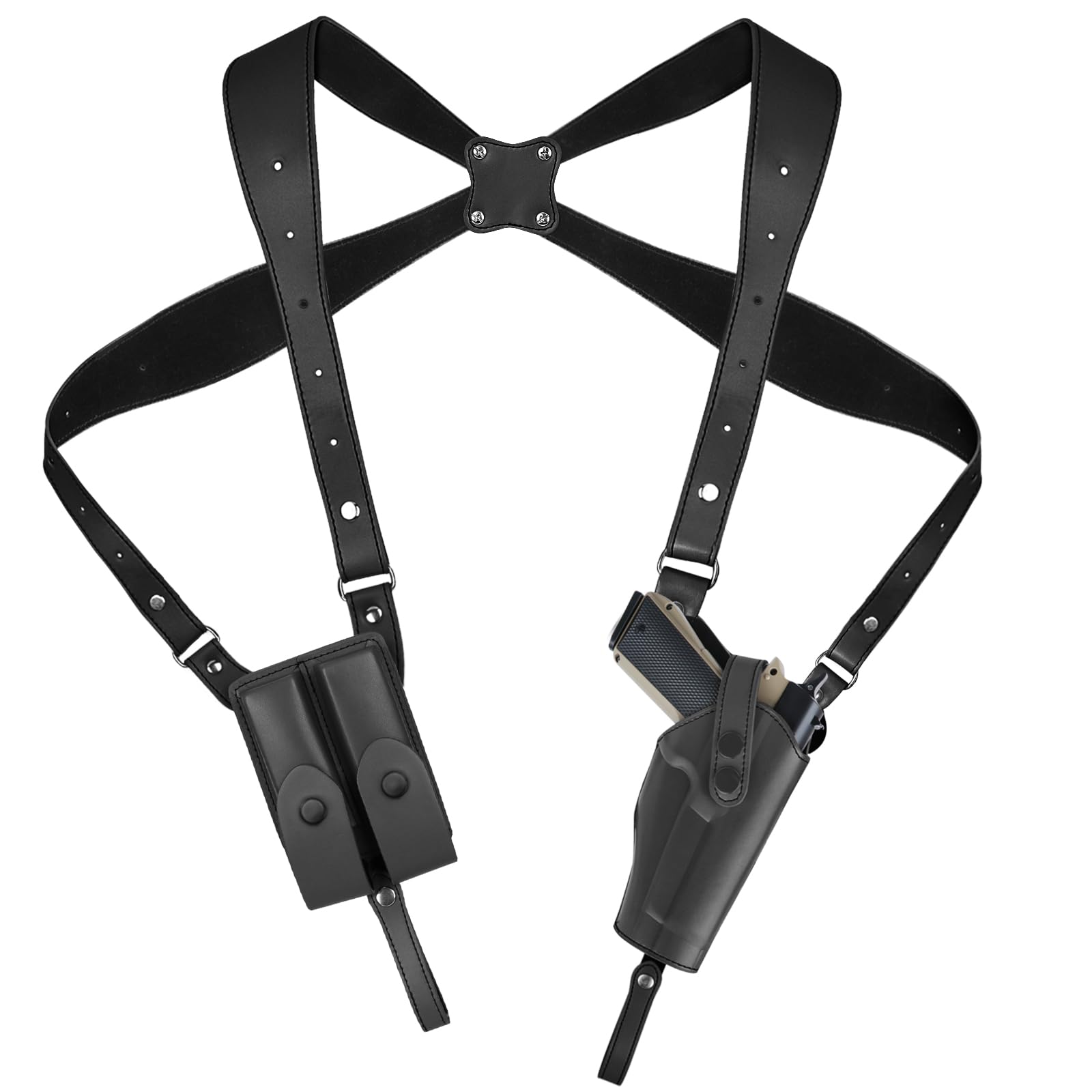 Shoulder Holster General Vertical Gun Holster Adjustable Leather Chest Holster for Concealed Carry with Double Magazine Pouch Adjustable for Glock 1911 and Most Kinds of Pistols-Right Hand Black