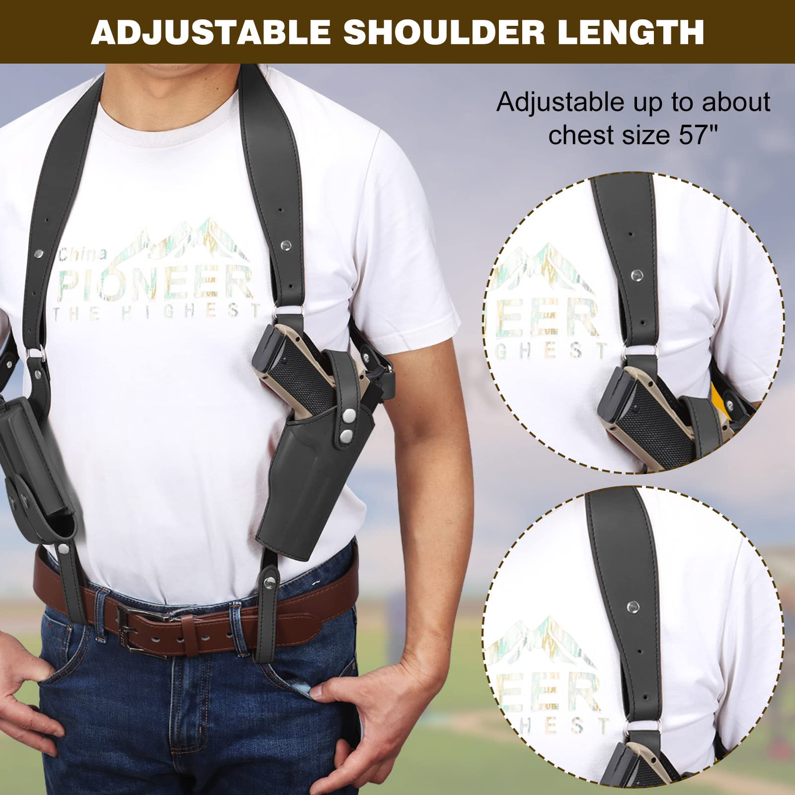 Shoulder Holster General Vertical Gun Holster Adjustable Leather Chest Holster for Concealed Carry with Double Magazine Pouch Adjustable for Glock 1911 and Most Kinds of Pistols-Right Hand Black