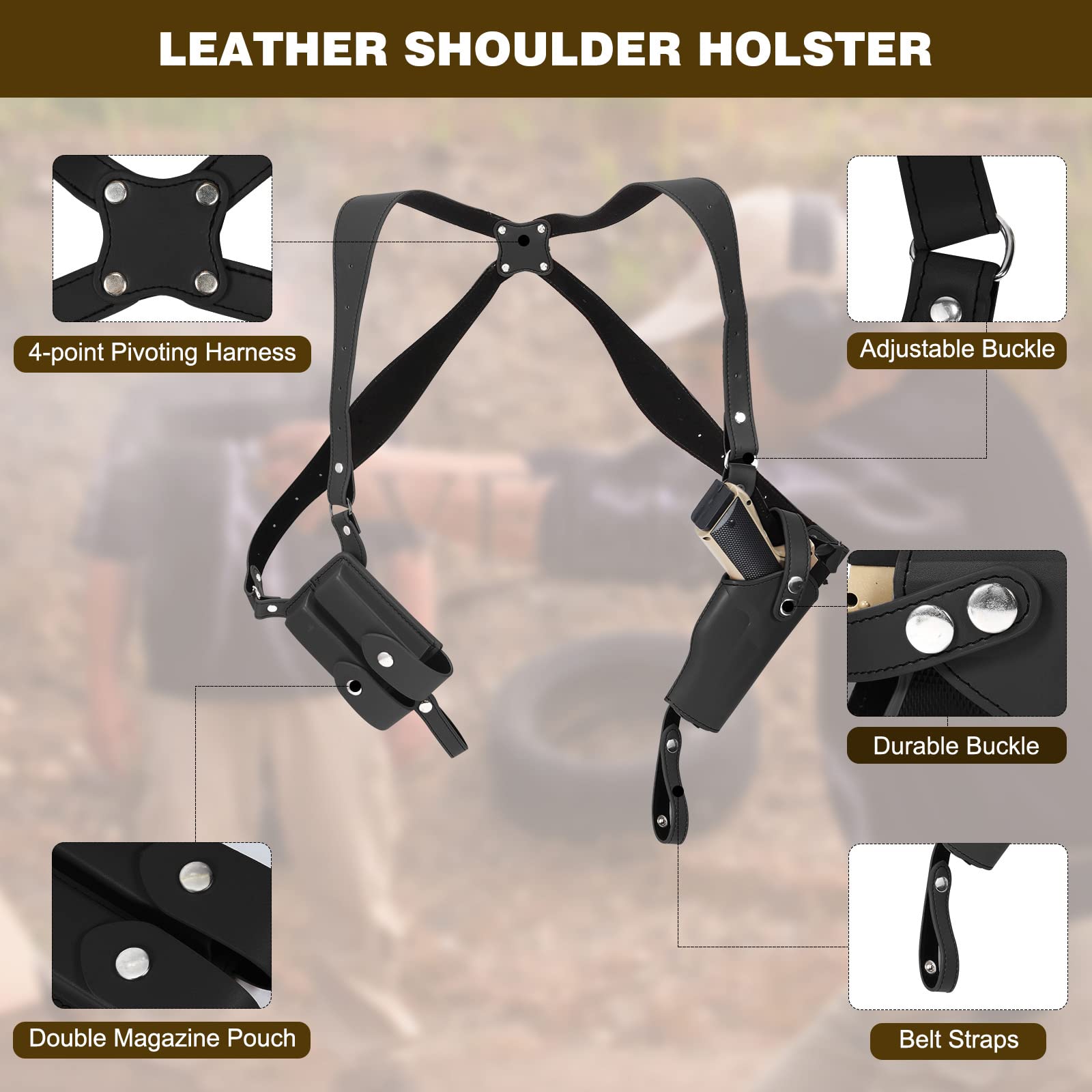 Shoulder Holster General Vertical Gun Holster Adjustable Leather Chest Holster for Concealed Carry with Double Magazine Pouch Adjustable for Glock 1911 and Most Kinds of Pistols-Right Hand Black