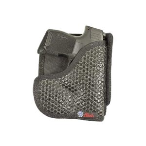 desantis superfly gun holster, made with sticky rubberized fabric, reversible and removable outer flap, unisex pocket holster, ambidextrous, fits sig p365, p365 sas, p365 w/safety, black