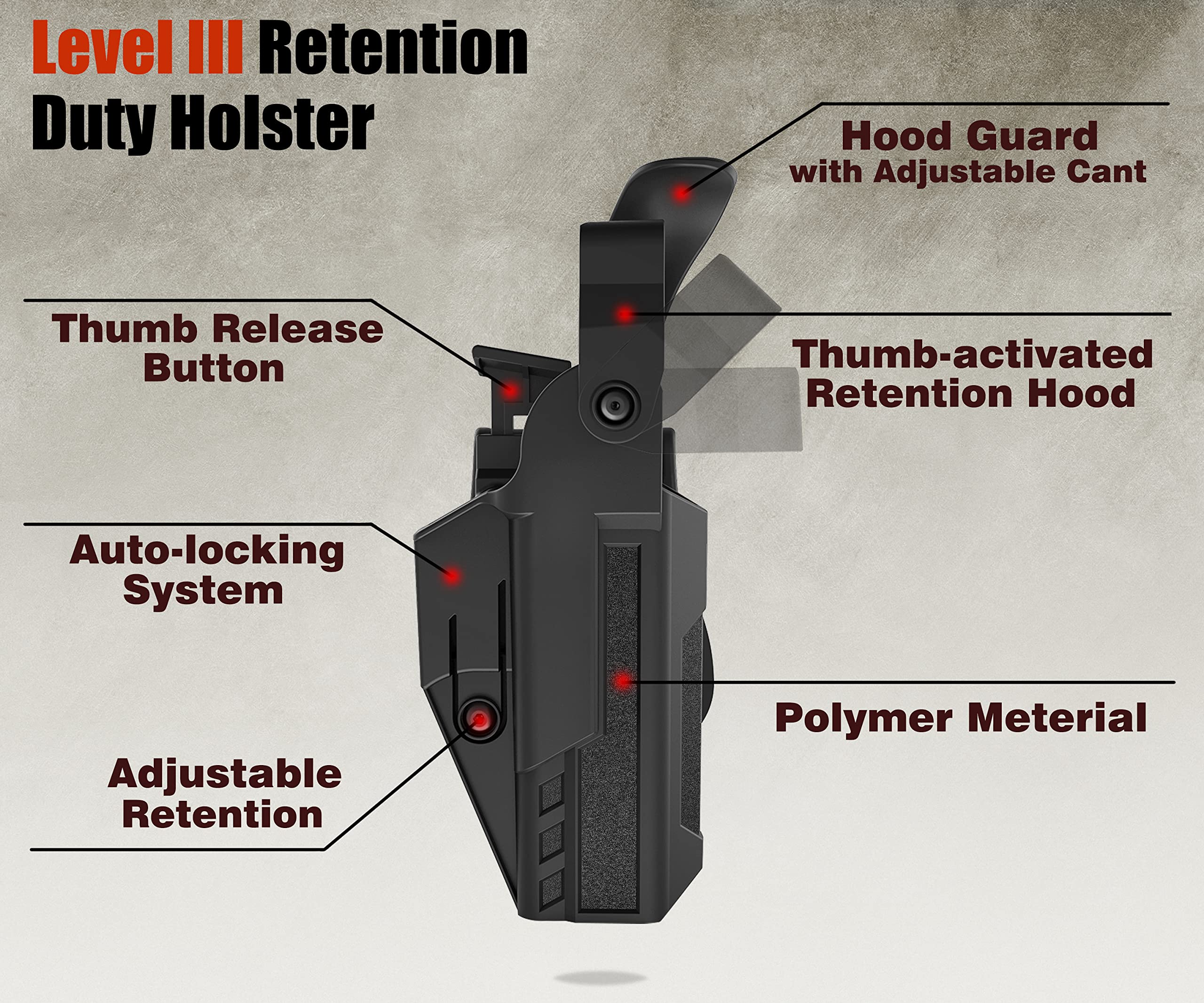 G19 Level 3 Retention Duty Holster for Gen 1 2 3 4 5 Glock 19/17/19X, Glock 23/32, Glock 45/44, Law Enforcement, Adjustable /Cant Polymer Duty Belt Gun Holster - Right Handed