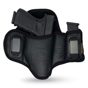 tactical pancake gun holster houston - eco leather concealed carry soft material | suede interior for protection | iwb | with magazine pouch | fit: glock 19 17 20 21 22 23 | beretta 92 fs, px4, xdm