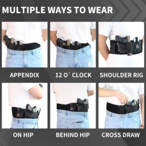 CREATRILL Upgraded Belly Band Holster for Concealed Carry + 3 Removable Magazine Pouches, Breathable Neoprene IWB Gun Mag Holsters Fits Glock 19, 17, 42, 43, P238, Ruger LCP for Men Women (Right)