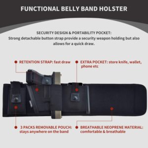 CREATRILL Upgraded Belly Band Holster for Concealed Carry + 3 Removable Magazine Pouches, Breathable Neoprene IWB Gun Mag Holsters Fits Glock 19, 17, 42, 43, P238, Ruger LCP for Men Women (Right)