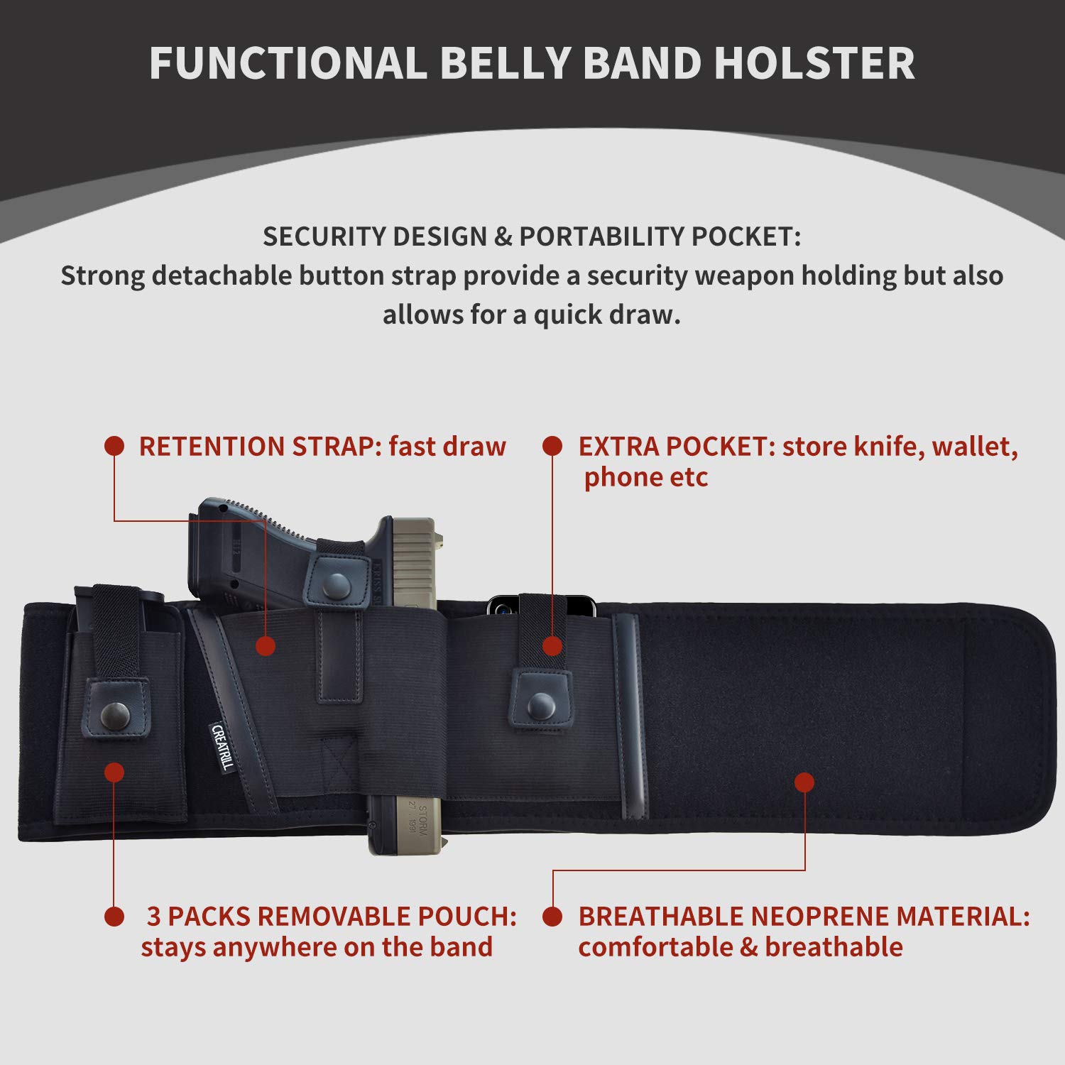 CREATRILL Upgraded Belly Band Holster for Concealed Carry + 3 Removable Magazine Pouches, Breathable Neoprene IWB Gun Mag Holsters Fits Glock 19, 17, 42, 43, P238, Ruger LCP for Men Women (Right)