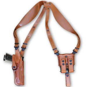 premium leather vertical shoulder holster system with double magazine carrier fits standart 1911 5'' bbl colt, kimber, para, springfieldd, r/h draw brown color