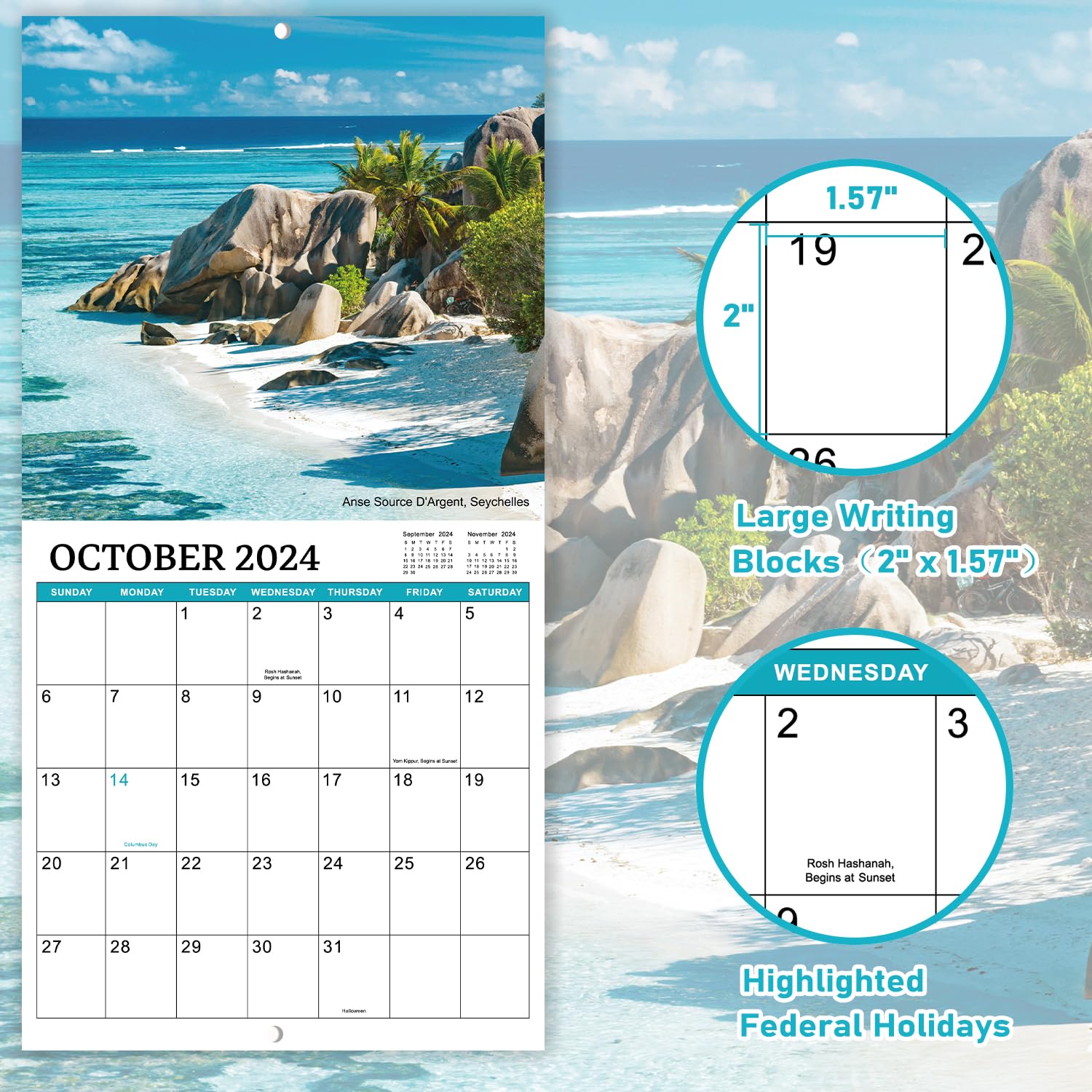 Wall Calendar 2024-2024 Wall Calendar, 12-Month Calendar 2024, Jan. 2024 -Dec. 2024, 12" x 24" (Open), 2024 Calendar with Unruled Blocks, Thick Paper- Sea Island