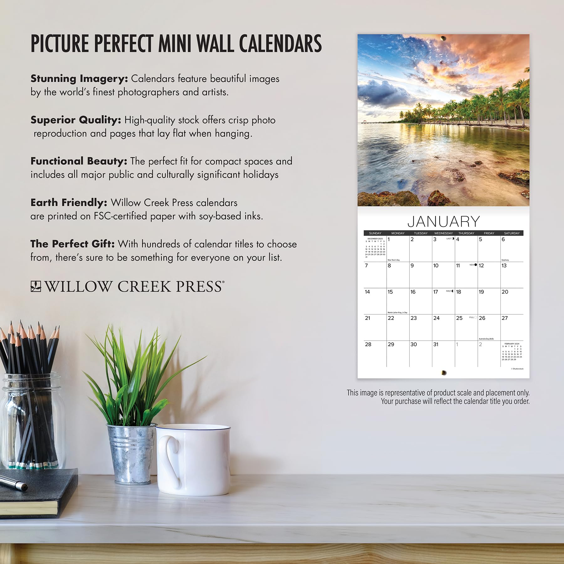 Willow Creek Press Ah The Beach! Monthly Mini 2024 Wall Calendar (7" x 7")