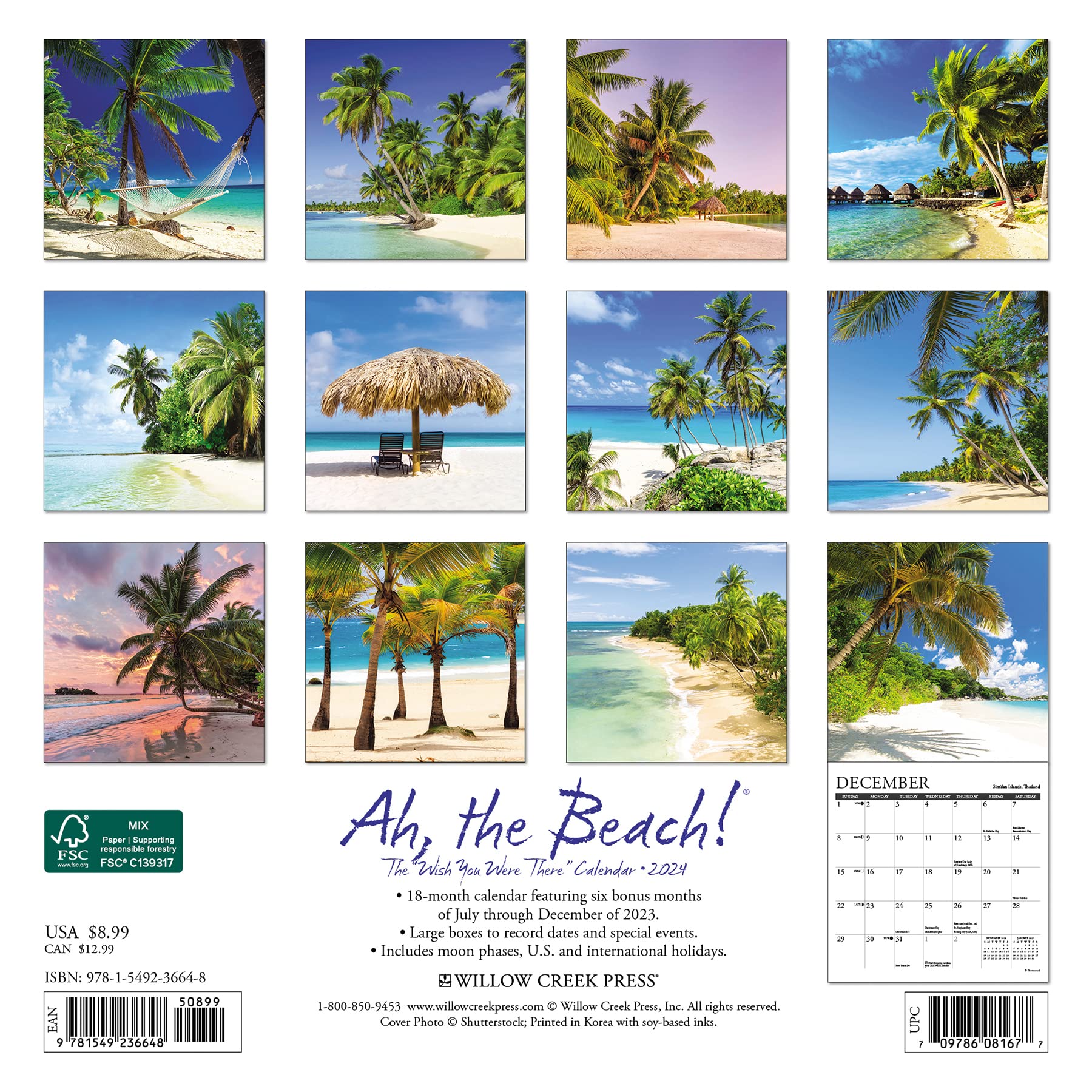 Willow Creek Press Ah The Beach! Monthly Mini 2024 Wall Calendar (7" x 7")