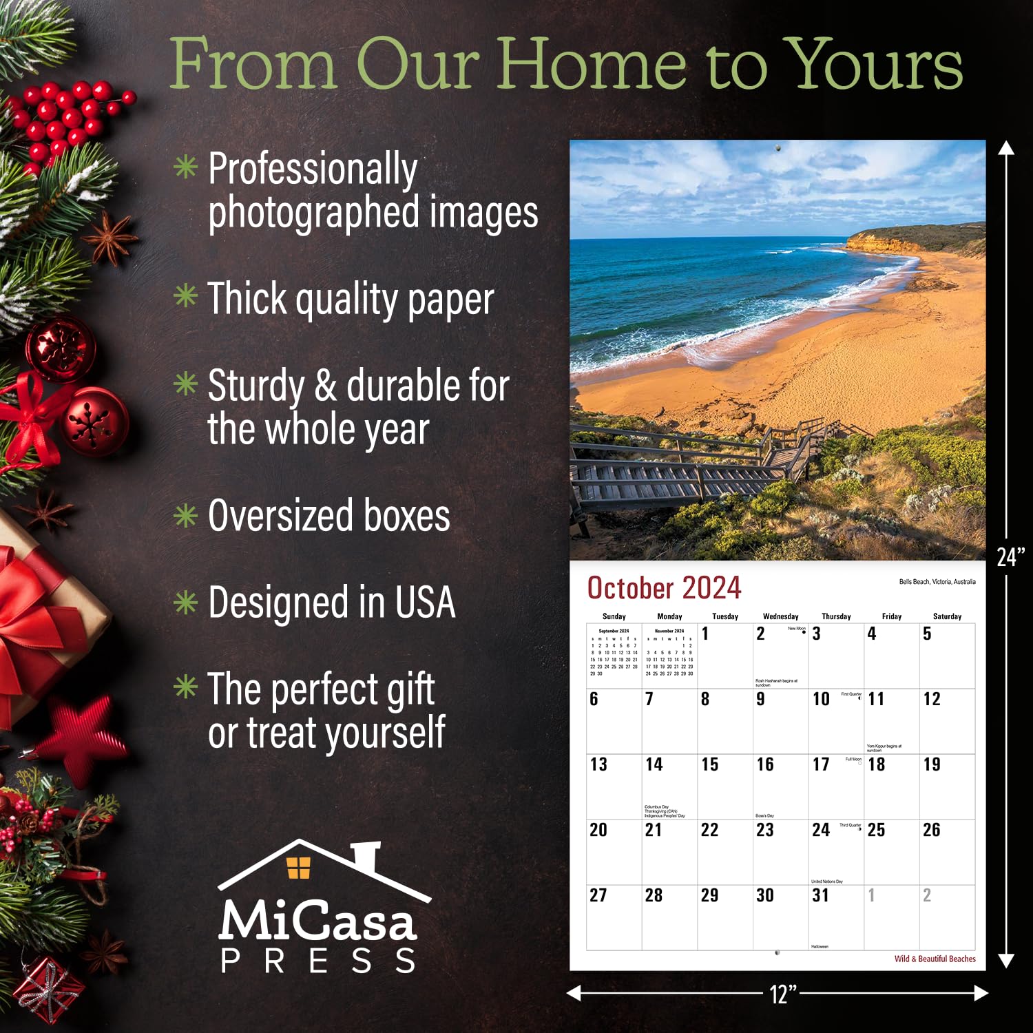 MICASA Wild & Beautiful Beaches 2024 Hangable Monthly Wall Calendar | 12" x 24" Open | Thick & Sturdy Paper | Giftable | Beautiful Tropical Scenic Travel Nature | Your Daily Getaway