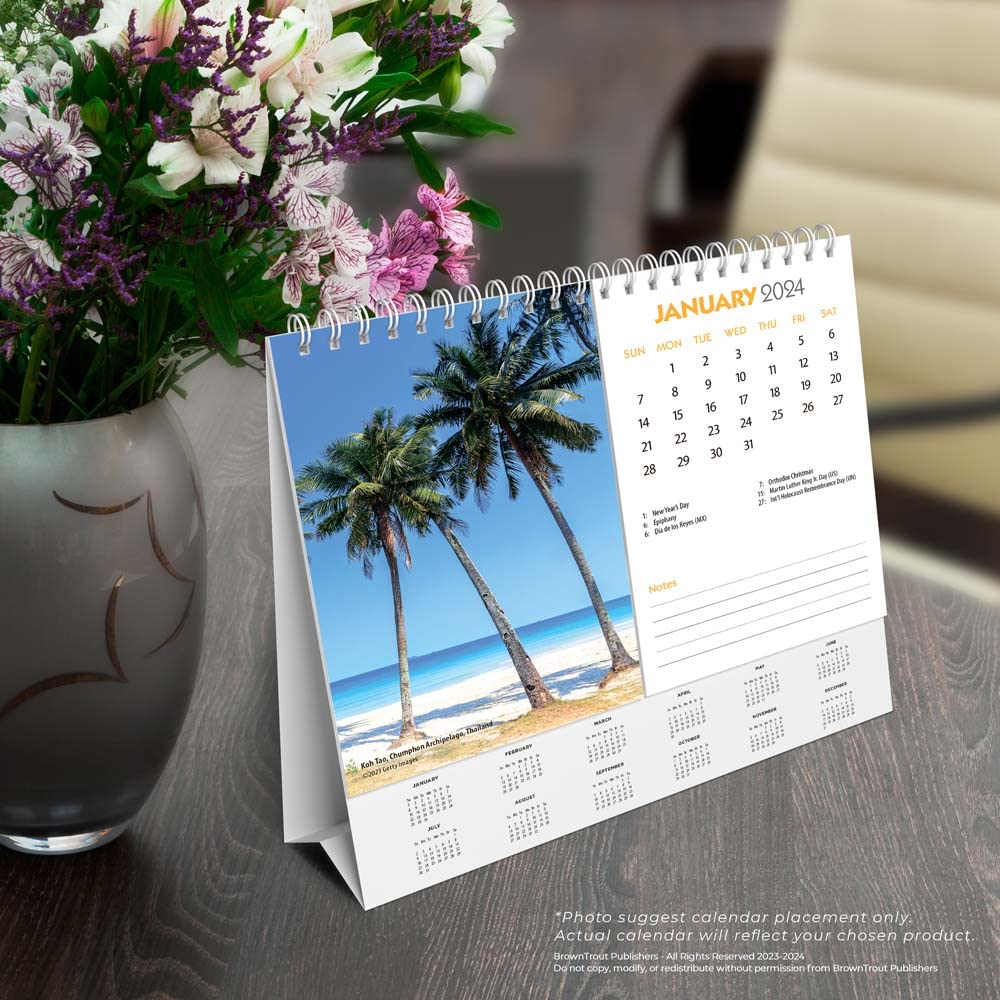 Beaches | 2024 7.5 x 6 Inch Monthly Double-View Easel Desk Calendar | BrownTrout | Travel Nature Tropical