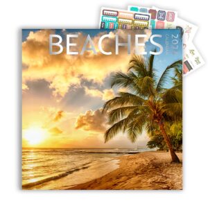 beaches calendar 2024 and sticker pack, large 12 x 24 inch, beaches wall calendar with sticker set, beautiful beaches