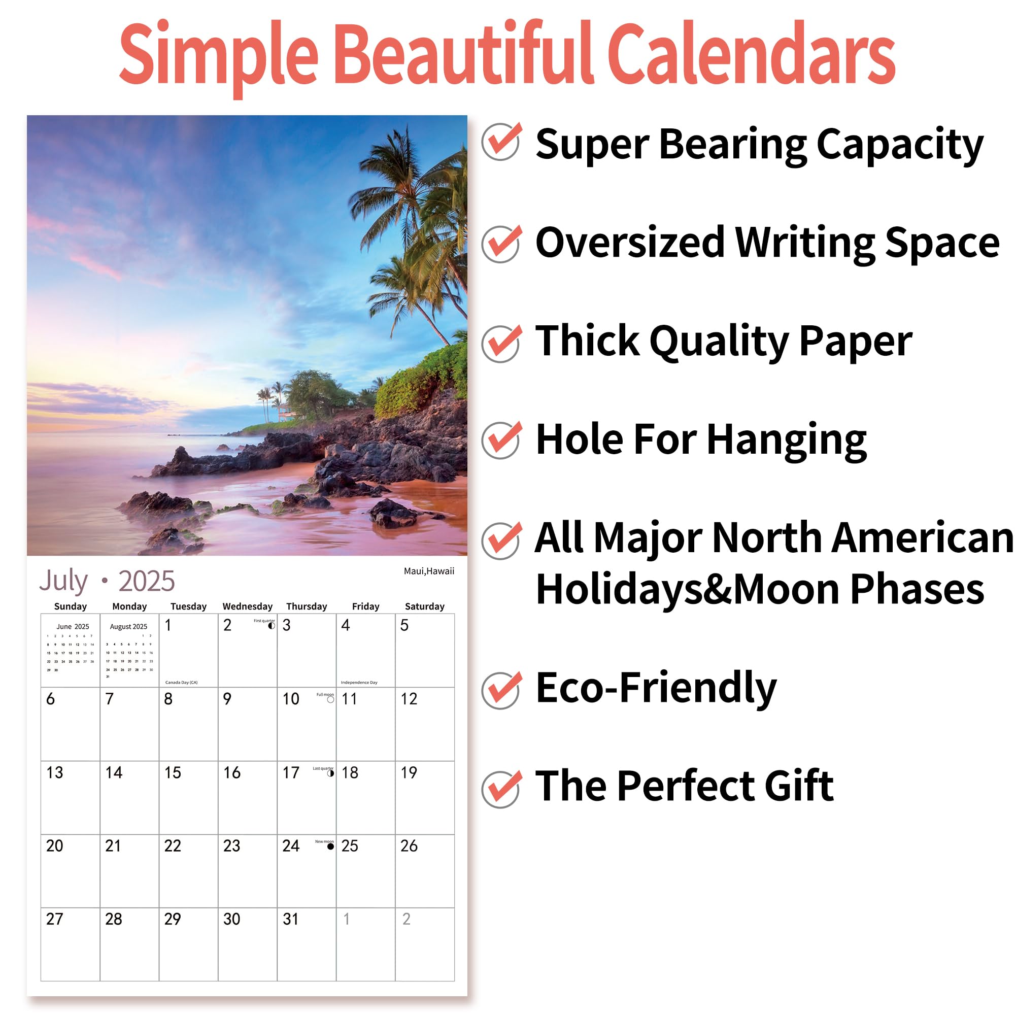 2024 2025 Wall Calendar, 18 Month July 2024 - December 2025, Monthly Calendar BEACHES, 12" x 24" Opened,Full Page Months Thick & Sturdy Paper for Gift Calendar Organizing & Planning