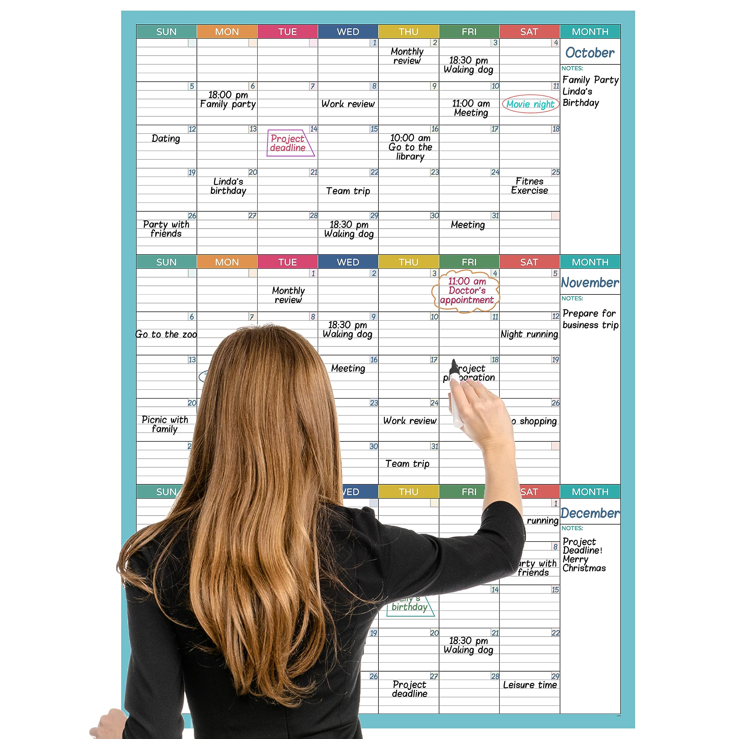 Large Dry Erase Calendar - Dry Erase Calendar for Wall, Undated 3 Months Calendar, 27.8" x 40", Large Erasable & Reusable Wall Calendar with 8 Round Stickers, Great Layout Dry Erase Wall Calendar for