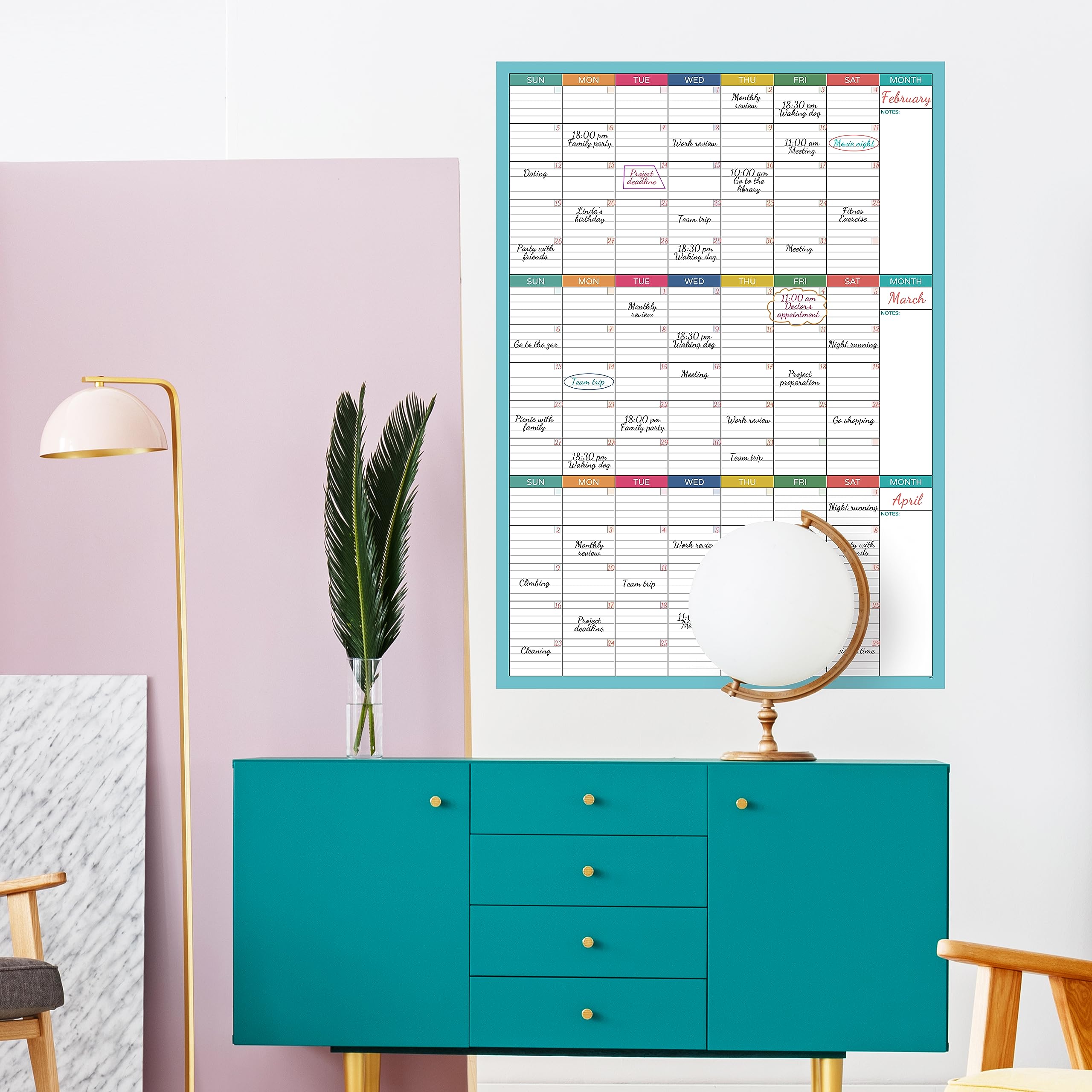 Large Dry Erase Calendar - Dry Erase Calendar for Wall, Undated 3 Months Calendar, 27.8" x 40", Large Erasable & Reusable Wall Calendar with 8 Round Stickers, Great Layout Dry Erase Wall Calendar for