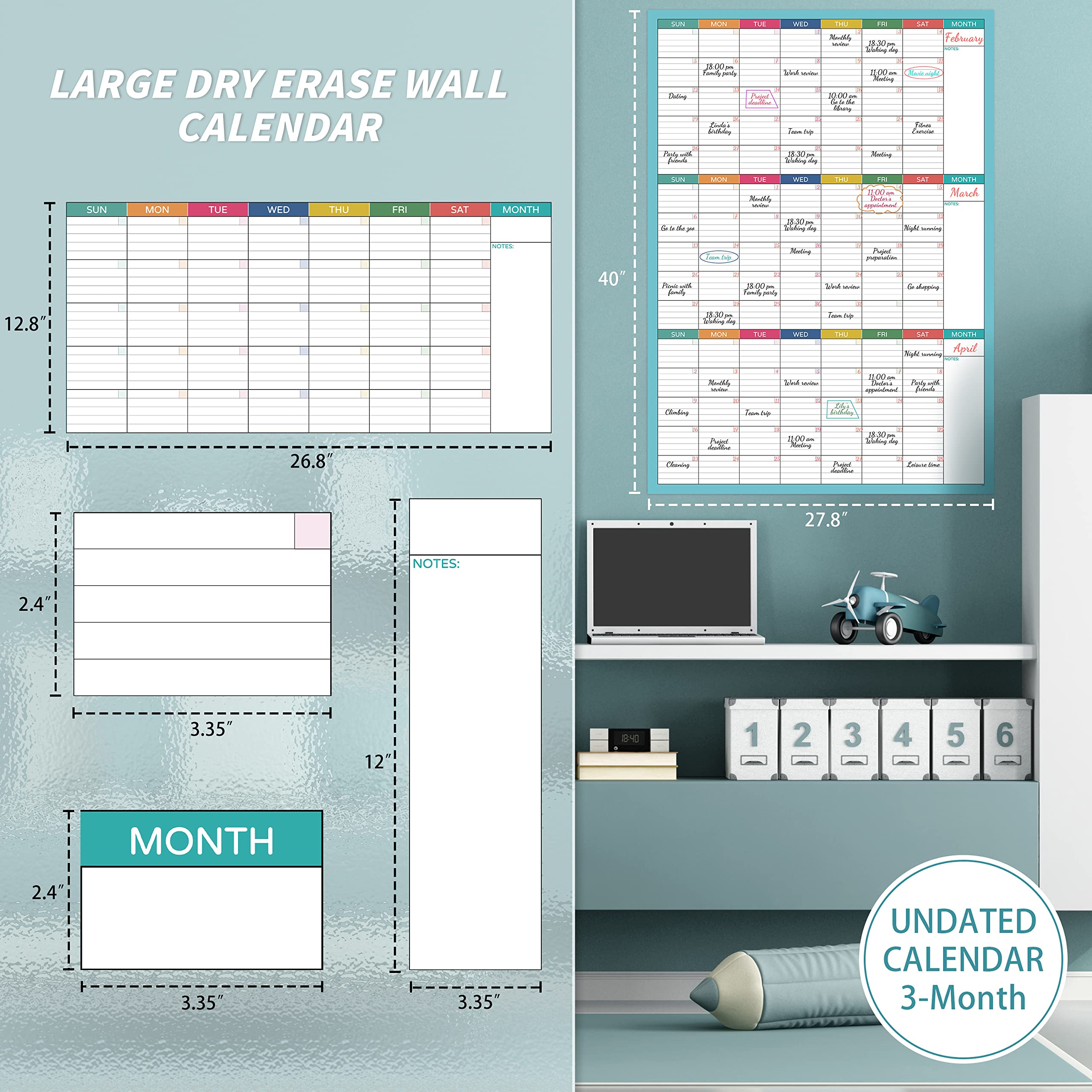 Large Dry Erase Calendar - Dry Erase Calendar for Wall, Undated 3 Months Calendar, 27.8" x 40", Large Erasable & Reusable Wall Calendar with 8 Round Stickers, Great Layout Dry Erase Wall Calendar for