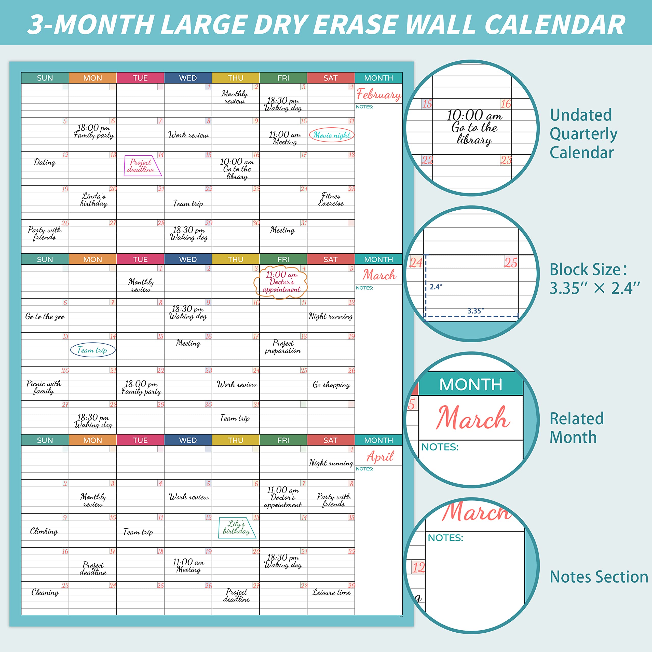 Large Dry Erase Calendar - Dry Erase Calendar for Wall, Undated 3 Months Calendar, 27.8" x 40", Large Erasable & Reusable Wall Calendar with 8 Round Stickers, Great Layout Dry Erase Wall Calendar for