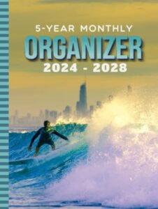 5-year monthly organizer 2024-2028: hardcover / dated 8.5x11 / with to do lists - goal - reminder - note sections / personal organizing gift / retro surfer surfing on blue ocean wave art cover