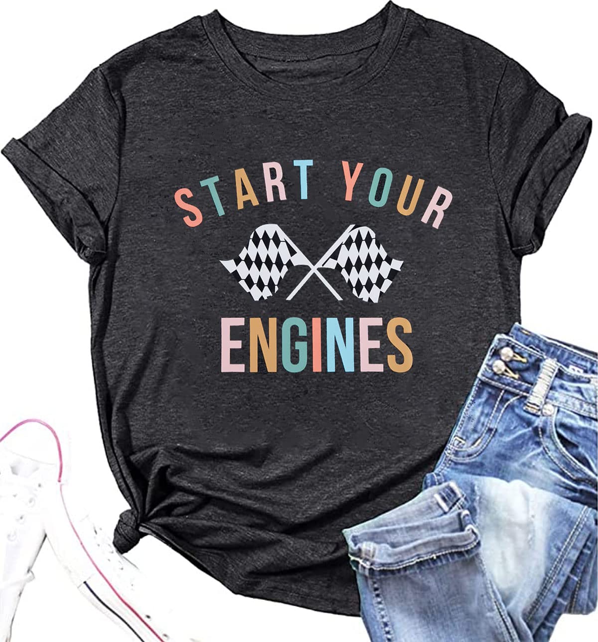 BANGELY Start Your Engines Tshirt Checkered Flag Racing Shirts Raceday Casual Unisex Short Sleeve Tee Tops