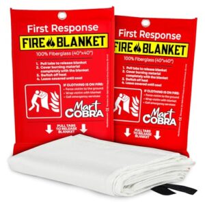 mart cobra emergency fire blanket for home and kitchen – easy to carry 40” x 40” fire suppression blanket can fit in survival kits & camping gears – made with 100% fiberglass fabric – 2-pack