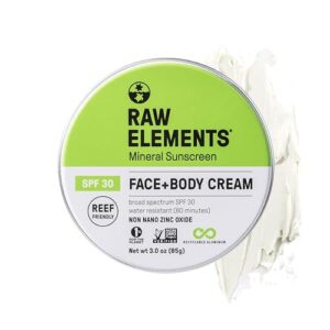 raw elements face and body mineral sunscreen spf 30 tin, organic sunblock daily protection, non toxic reef safe, water resistant, cruelty free, plastic free, 3 oz (pack of 1)