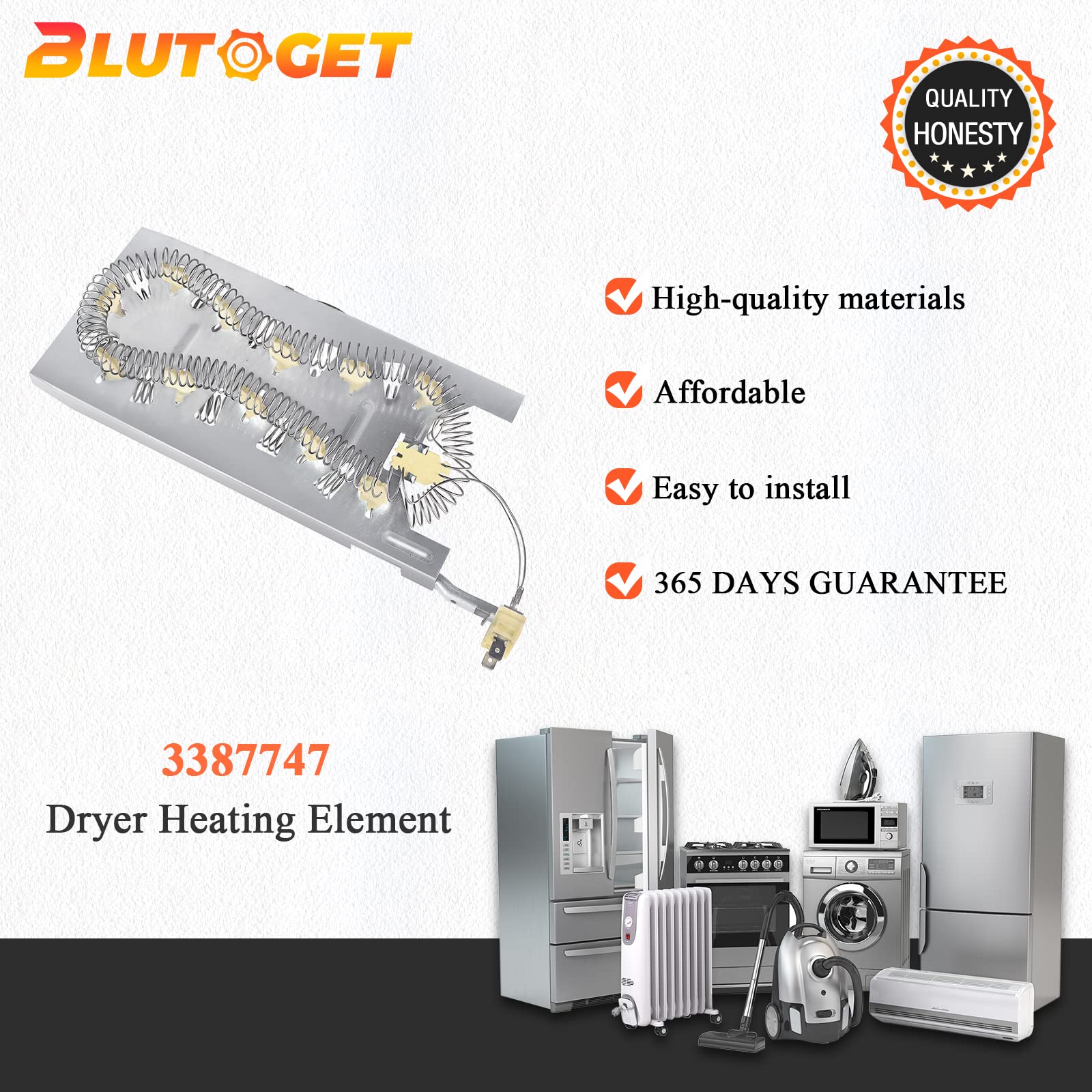 3387747 W11344457 Dryer Heating Element by Blutoget - Fit for Whirlpool Amana Ken-more Kitchen-Aid Dryer - Replaces PS11741416 WP3387747 W11045584 AP6008281 AP2947033 PS344597 MEDC700VW0 GEW9200lW1