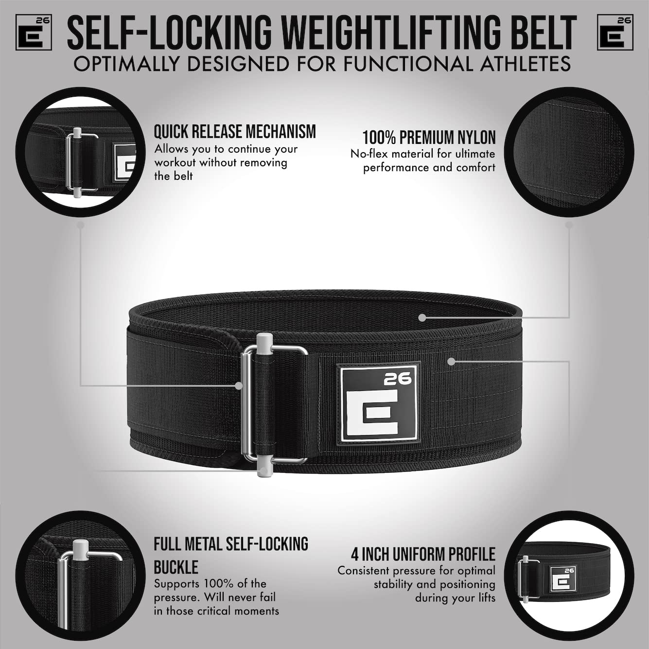 Element 26 Self-Locking Weight Lifting Belt | Premium Weightlifting Belt for Serious Functional Fitness, Weight Lifting, and Olympic Lifting Athletes (Extra Small, Black)