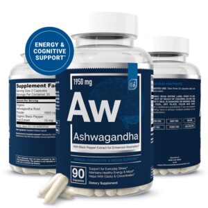 Essential Elements Ashwagandha Root 1950mg with Black Pepper Extract for Absorption 90 Vegan Capsules