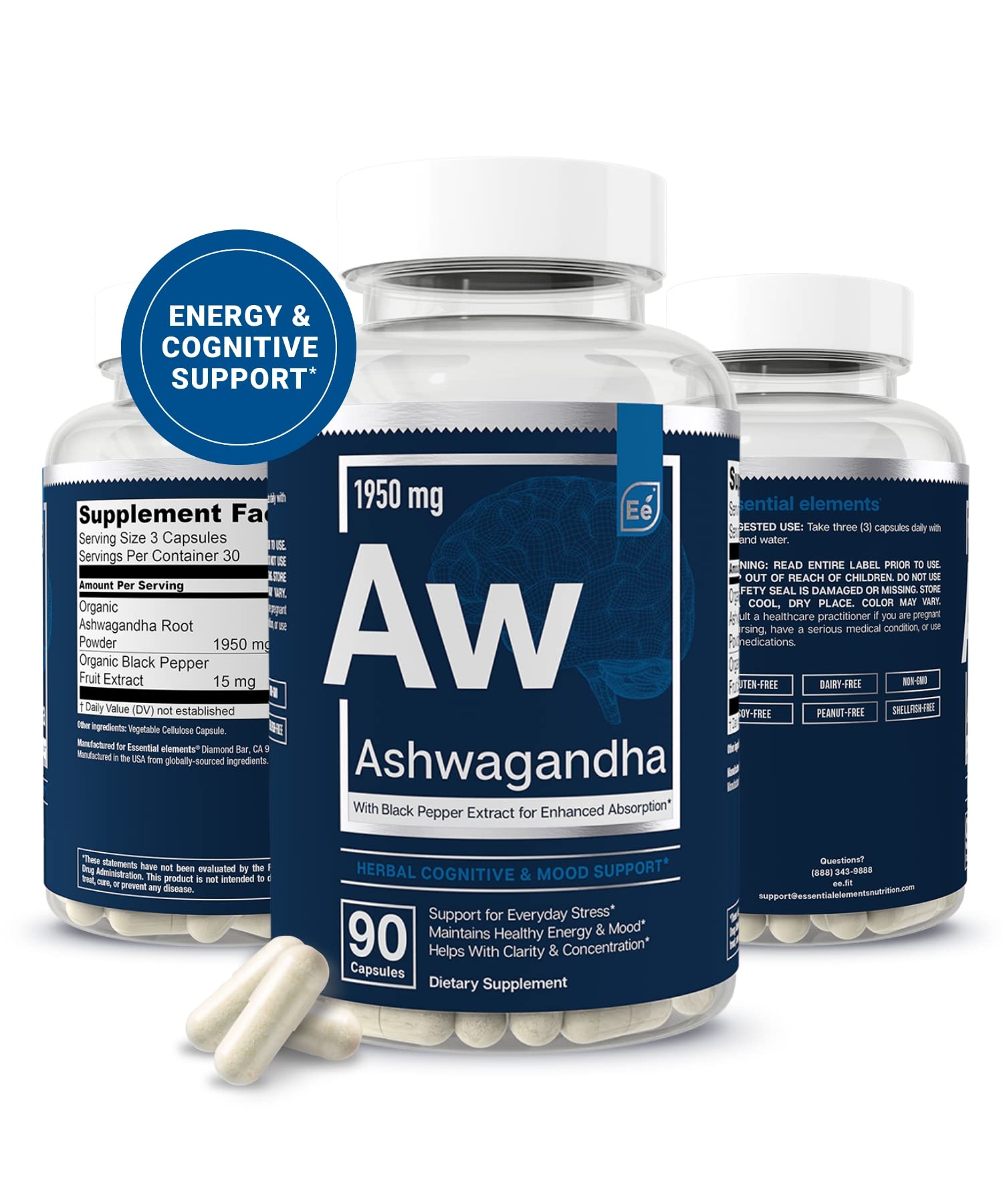 Essential Elements Ashwagandha Root 1950mg with Black Pepper Extract for Absorption 90 Vegan Capsules