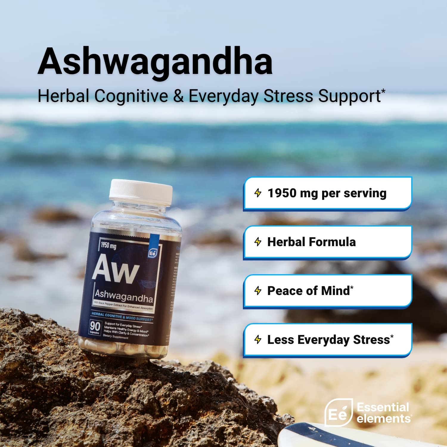 Essential Elements Ashwagandha Root 1950mg with Black Pepper Extract for Absorption 90 Vegan Capsules