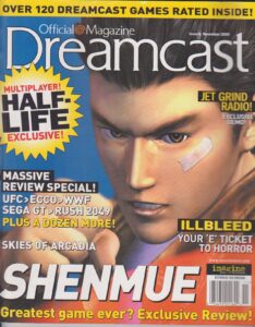 dreamcast official magazine (shenmue - greatest game ever? excluse review, skies of arcadia, massive review special: ufc, ecco, wwf, sega gt, rush 2049, illbleed, multiplayer half-life exclusive!, issue 8, november 2000)