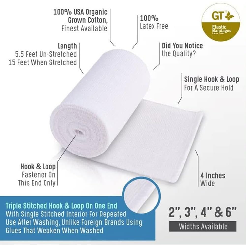 Premium Elastic Bandage Wrap (3" Wide, 6 Pack) - Made of USA Grown Cotton - Hook & Loop Fastener at One End - GT Latex Free Hypoallergenic Compression Roll for Sprains & Injuries