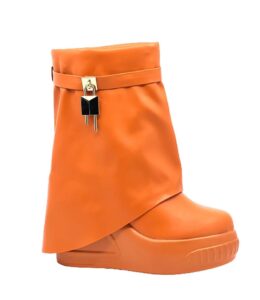 liliana women round toe wedge heel fold over mid-calf boots brook-1 orange pu 8.5